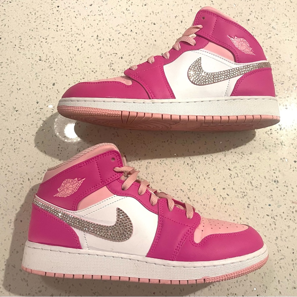 Nike Custom Air Jordan 1 Mid Barbie Pink Rhinestone T… - Gem